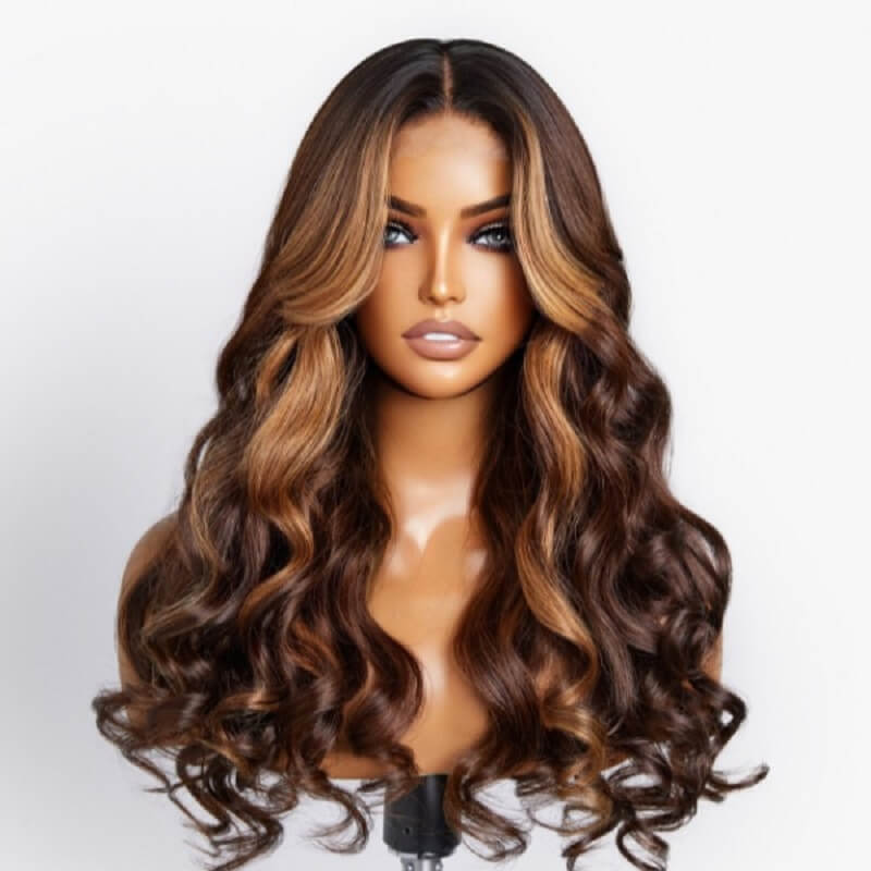 Luve Brown Highlight Wave Wig With Bangs 13X4 Lace Front Wig