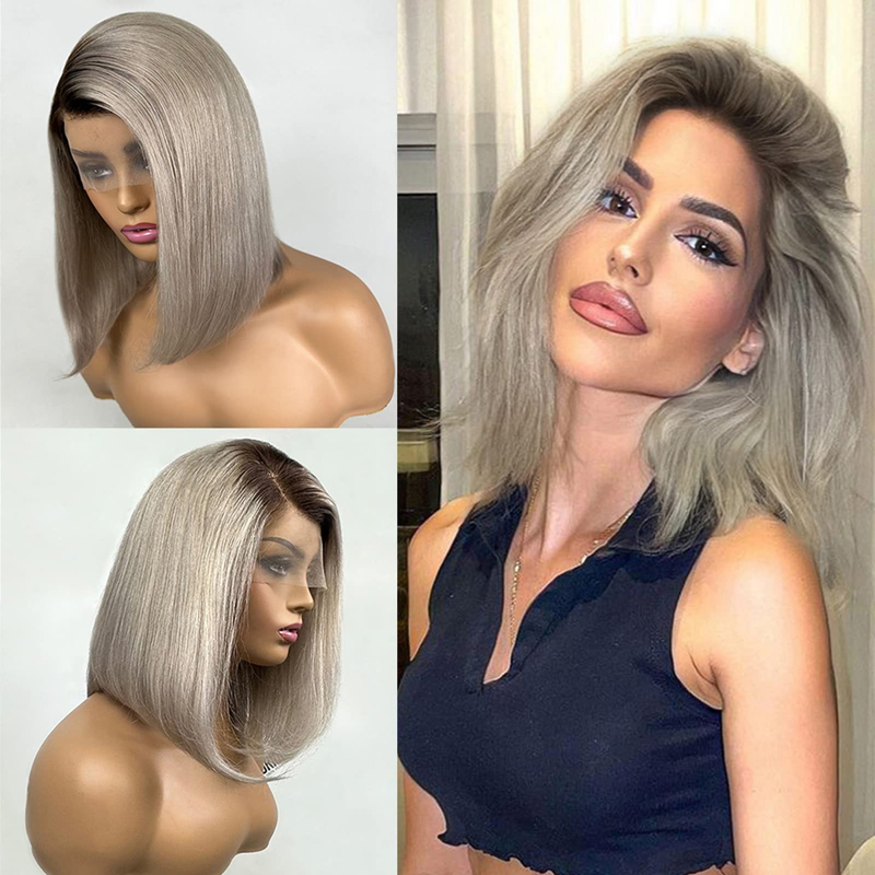 180 Density Ombre Ash Blonde Wigs Human Hair Gray Straight Short Bob Wig