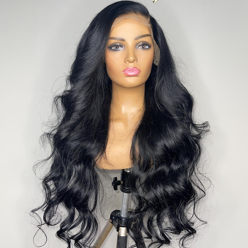 Luve Natural Black Body Wave HD Lace Front Wig Glueless Long Wig 100% ...
