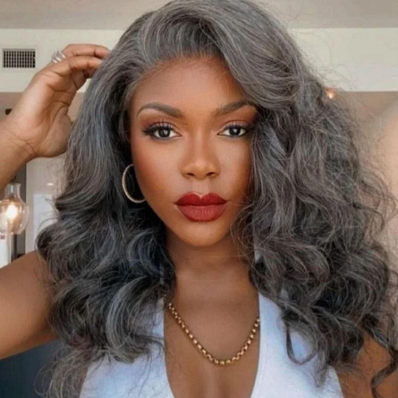 Luve Salt & Pepper Wigs Silver Grey Human Hair Wave Glueless Lace Front Wig
