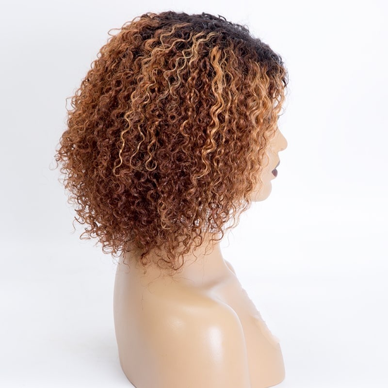 Luve Short Curly V Part Wig Brown with Dark Roots Glueless Human Hair