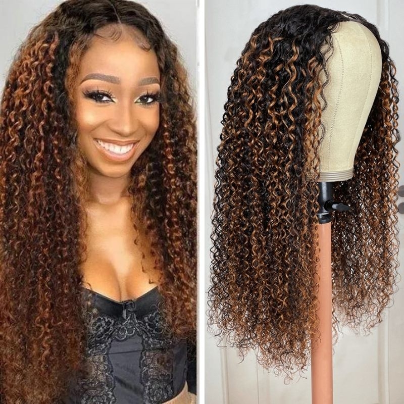 Luve Balayage Highlight V Part Human Hair Wig FB30# Brown Curly Wig