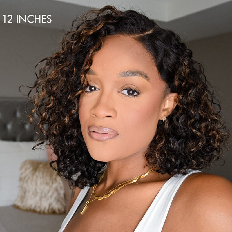 Luve Blonde Highlights Curly Glueless HD Lace C Part Short Wig 100% ...