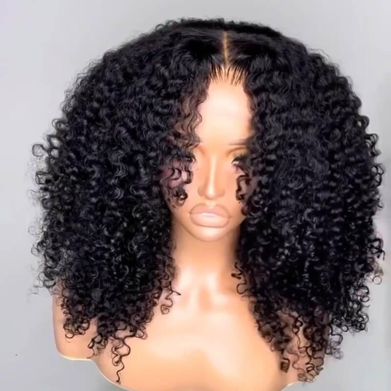 Luve Afro Curly Hair Mid Part Glueless Wigs 5X5 Lace Closure Wig ...
