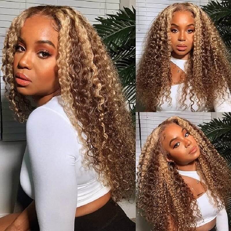 Luve Honey Brown Highlight Glueless V Part Wig Kinky Curly Wigs ...