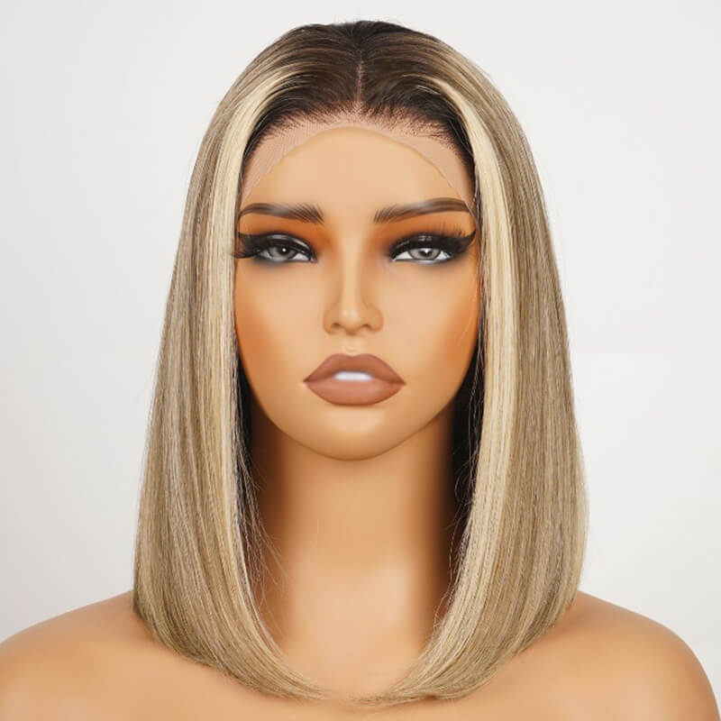 Luve Ombre Ash Blonde Glueless Straight Short Bob Wigs 5X5 Closure ...