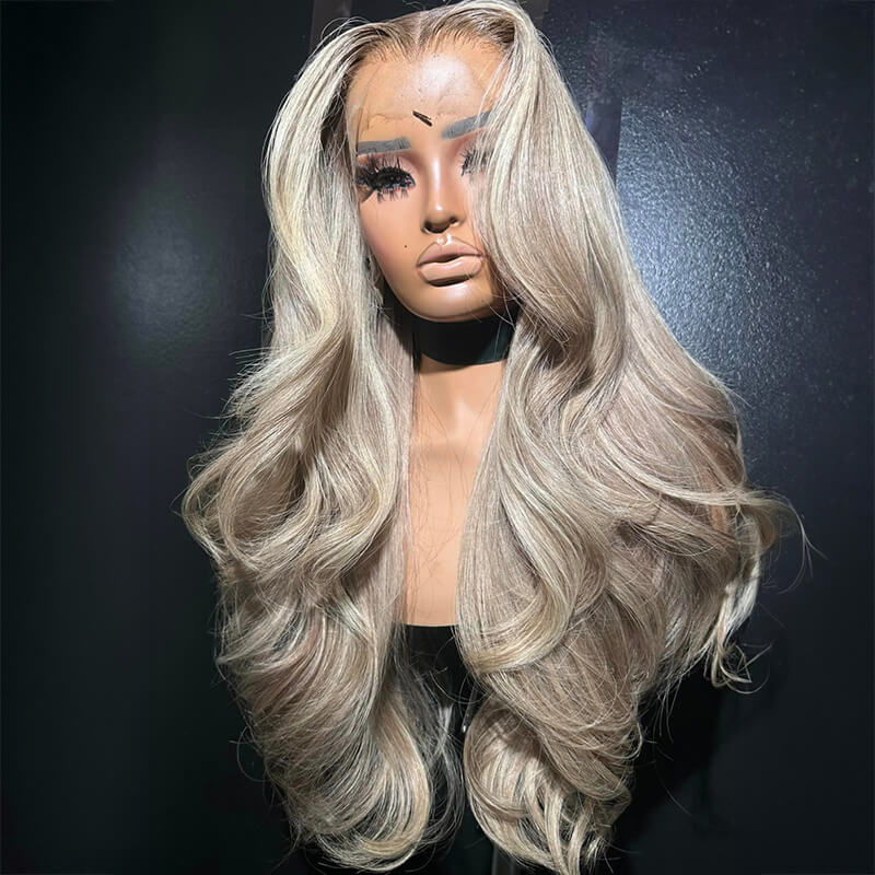 Luve Ombre Ash Blonde Wavy Glueless Human Hair Wig 13X4 Lace Front Wigs