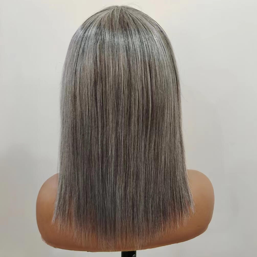 Luve Salt & Pepper Wigs Silver Grey Human Hair Bob Wig With Bangs None ...