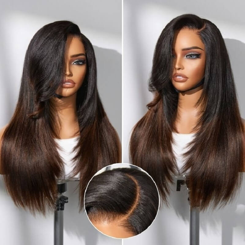 Ombre Brown Layered Yaki Straight Glueless 6x6 Closure HD Lace C part Wig