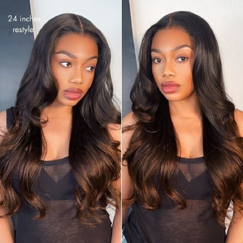 Ombre Brown Layered Yaki Straight Glueless 6x6 Closure HD Lace C part Wig